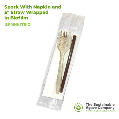 E Pallet - Agave Spork + 5" Regular Straw w/ Napkin Wrapped in Bio Film